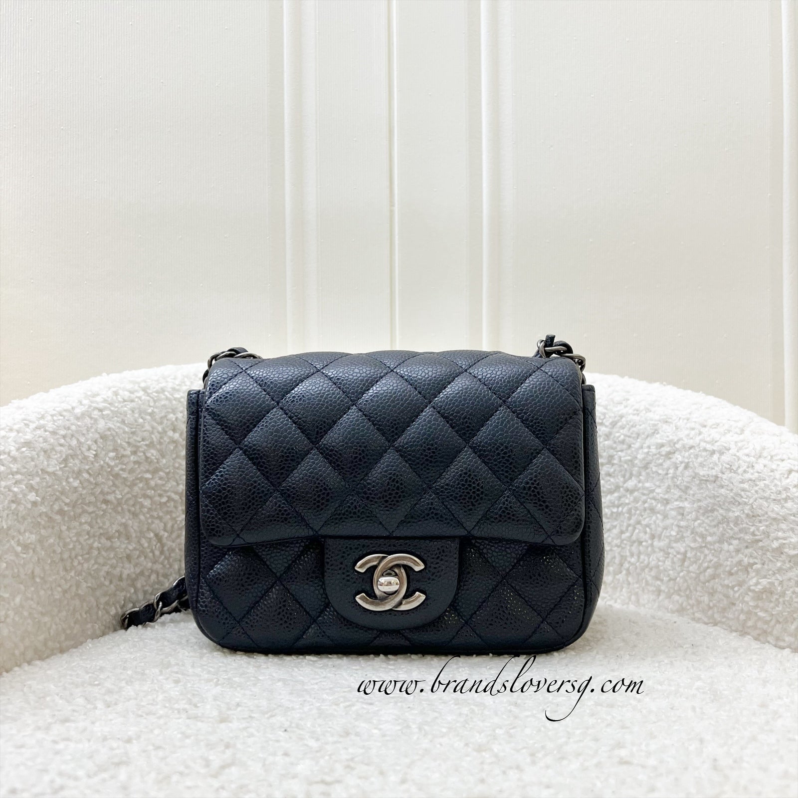Chanel Classic Mini Square Flap in Navy Blue (Almost Black) Caviar and ...
