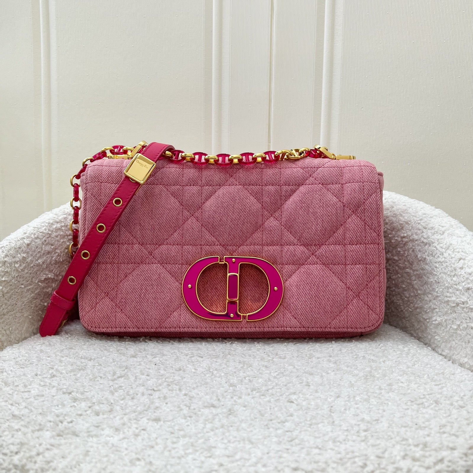 Dior Medium Caro Flap in Bright Pink Macrocannage Denim, Fluorescent P ...