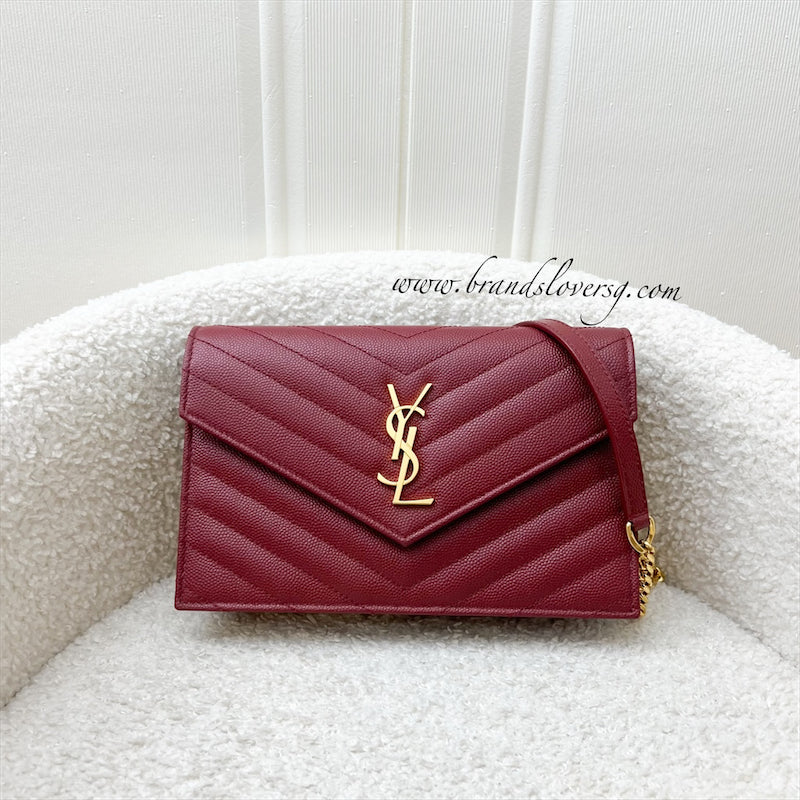 Saint Laurent YSL Small Wallet on Chain WOC in Dark Red Grained Leathe ...