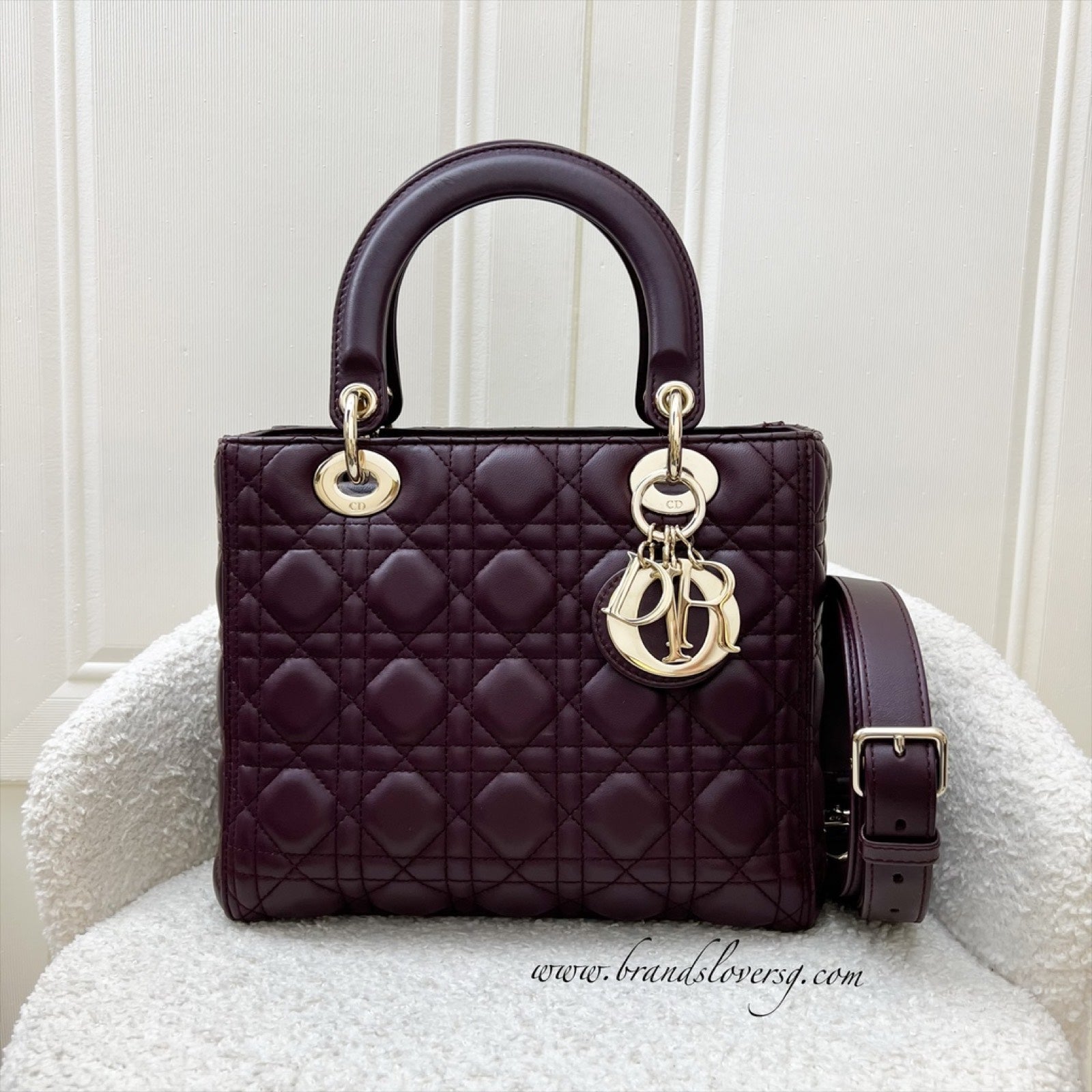 Dior Medium Lady Dior in Burgundy Lambskin and LGHW (CAL44550) (New Ve ...