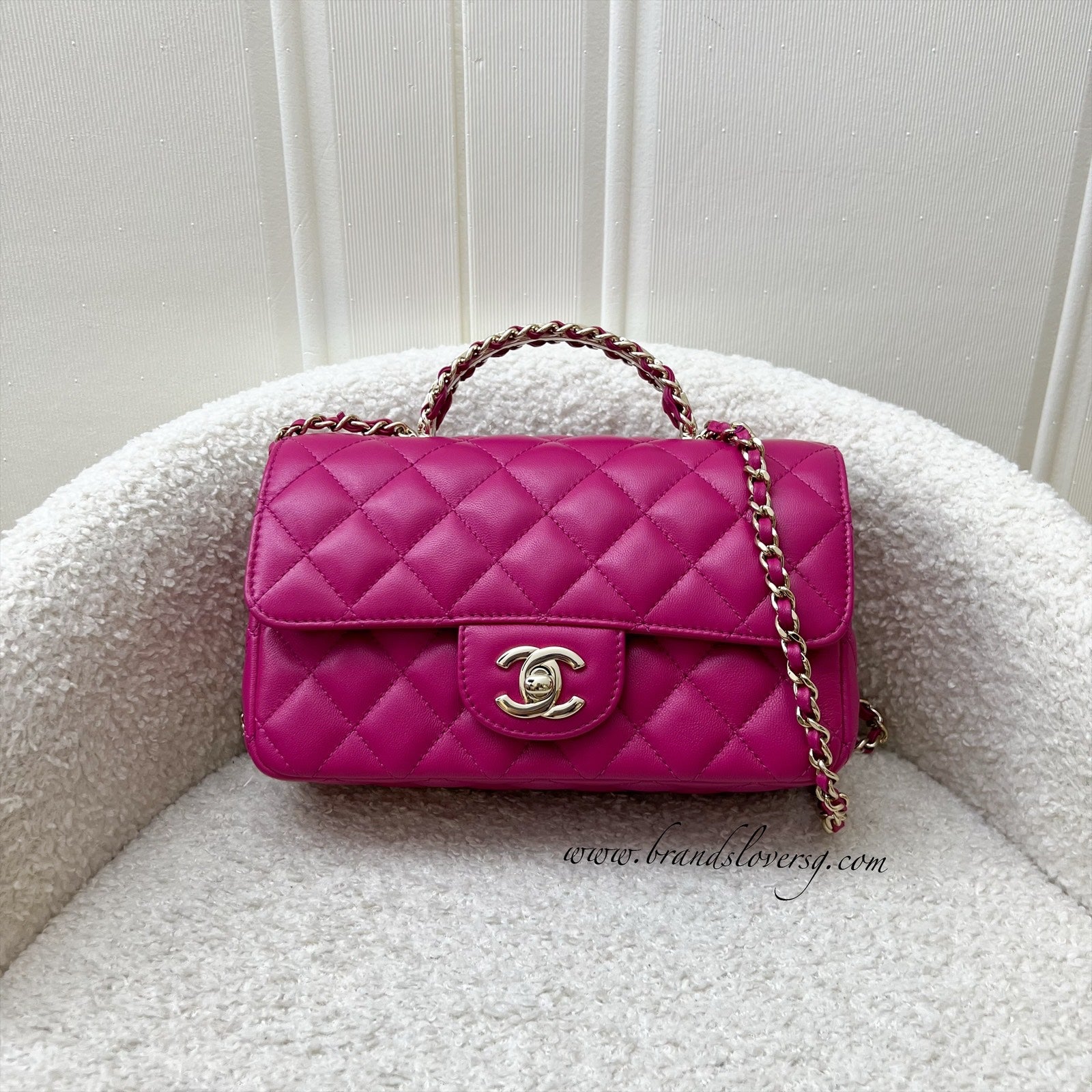 Chanel 23A Mini Rectangle Flap with Crystals Top Handle in Hot Pink La ...